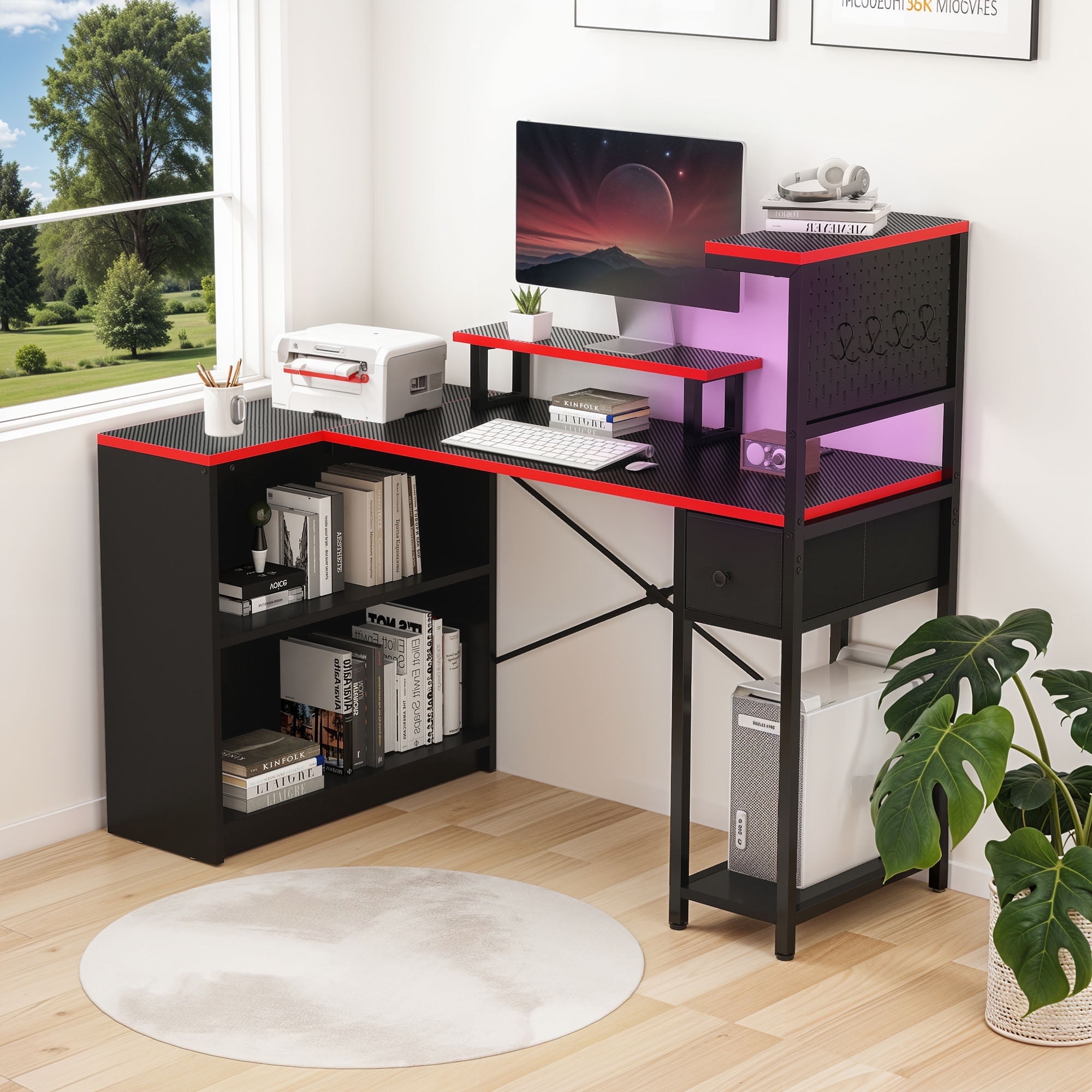 Dextrus 51" Gaming Desk with LED Lights & Storage Shelves, Reversible ...
