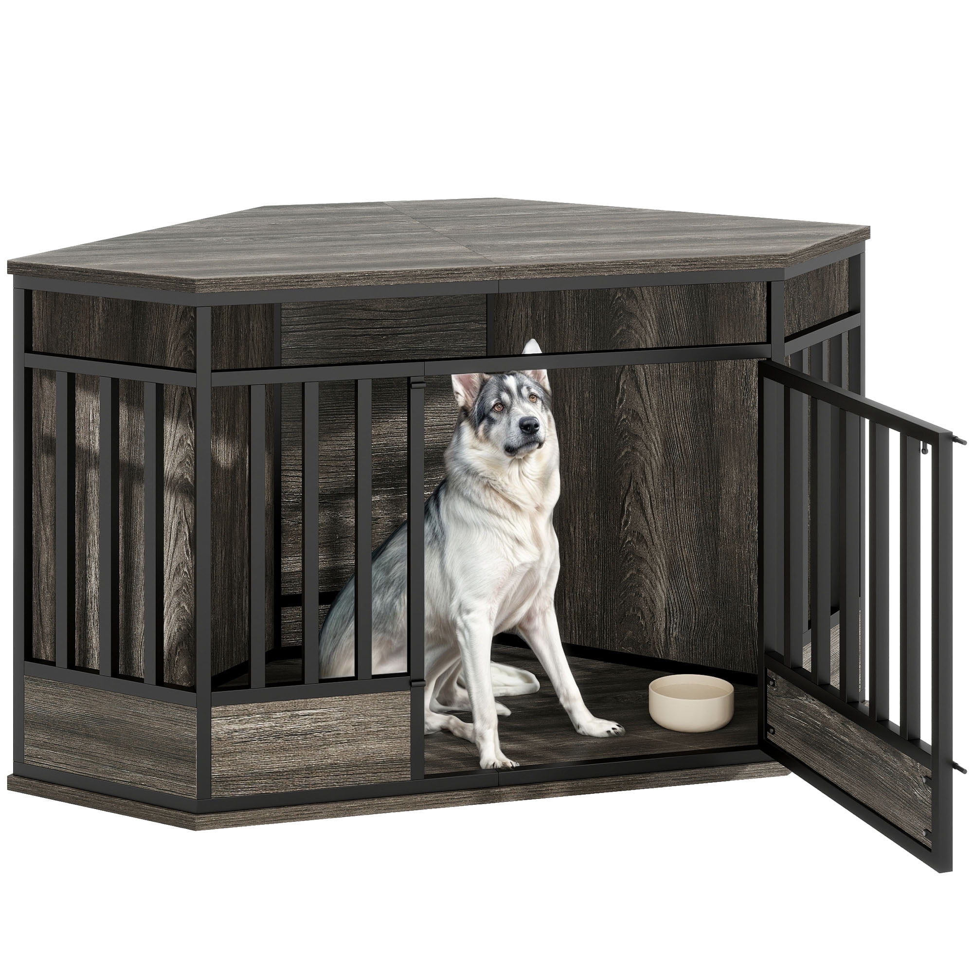 Dextrus 52 Inch Corner Dog Crate Furniture, Black Corner Heavy Duty Dog ...