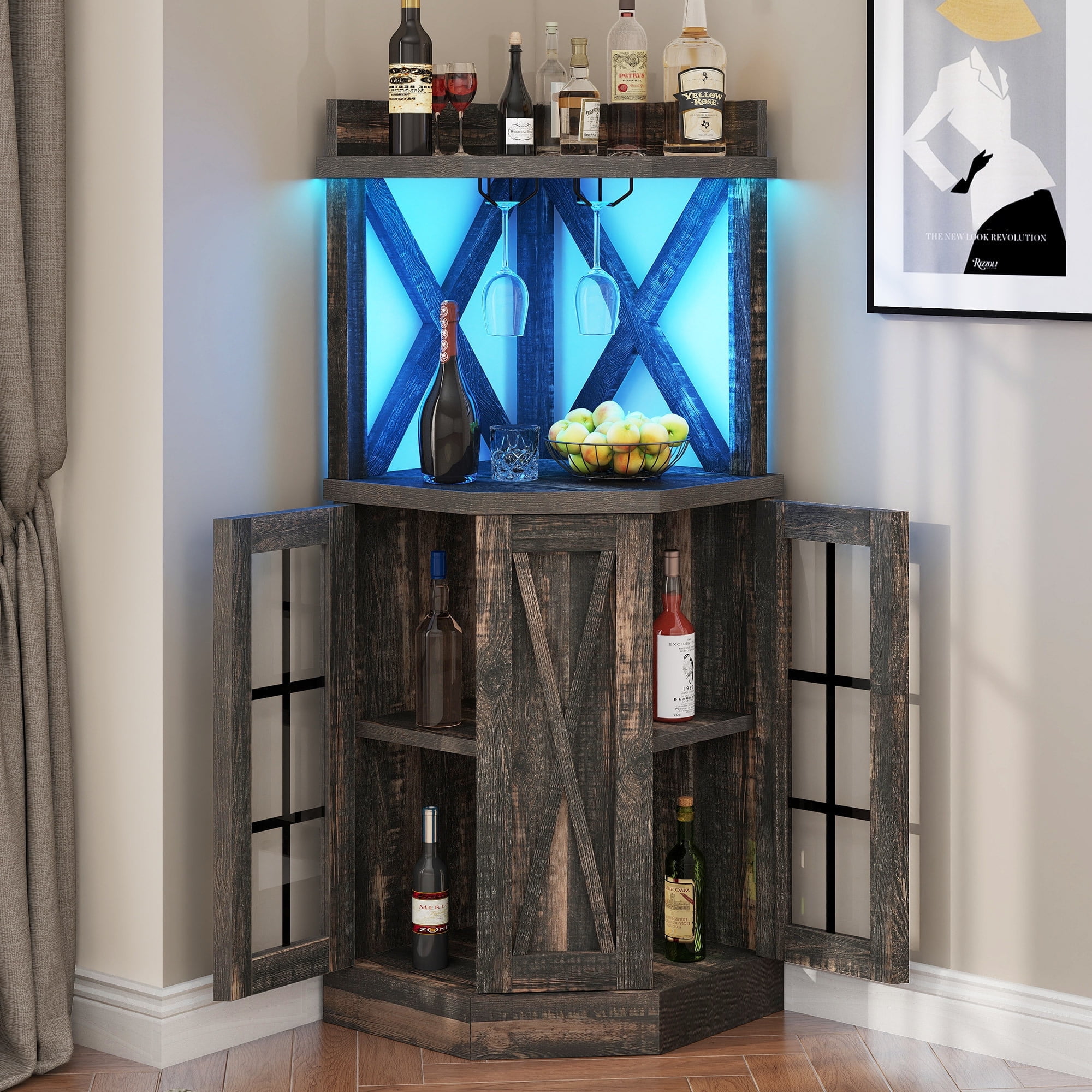 DEXTRUS 53" Corner Wine Cabinet with LED Lights, 2 Tier Bar Cabinet ...