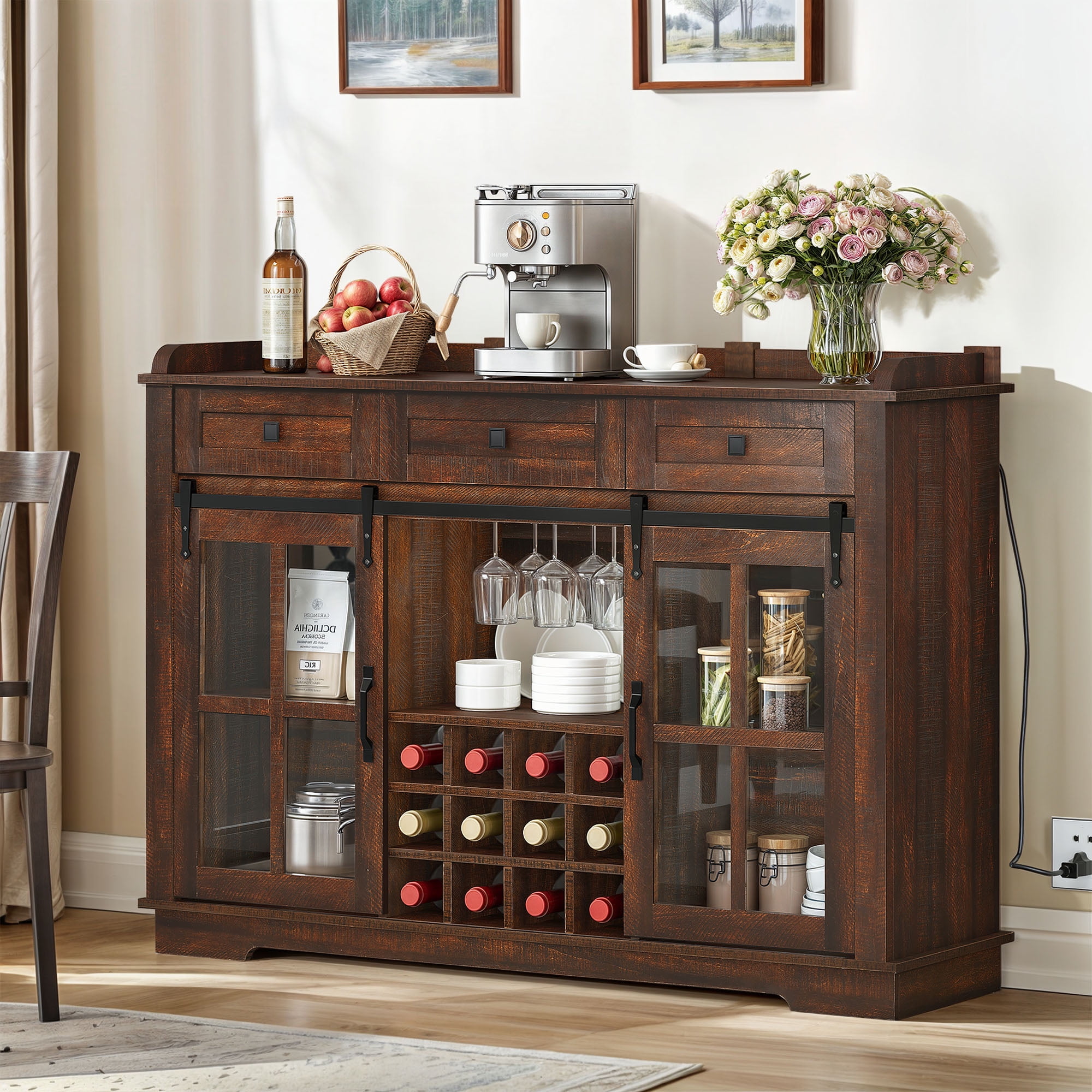 Dextrus 53" Home Bar Cabinet with Wine Rack and Charging Station, Wine ...