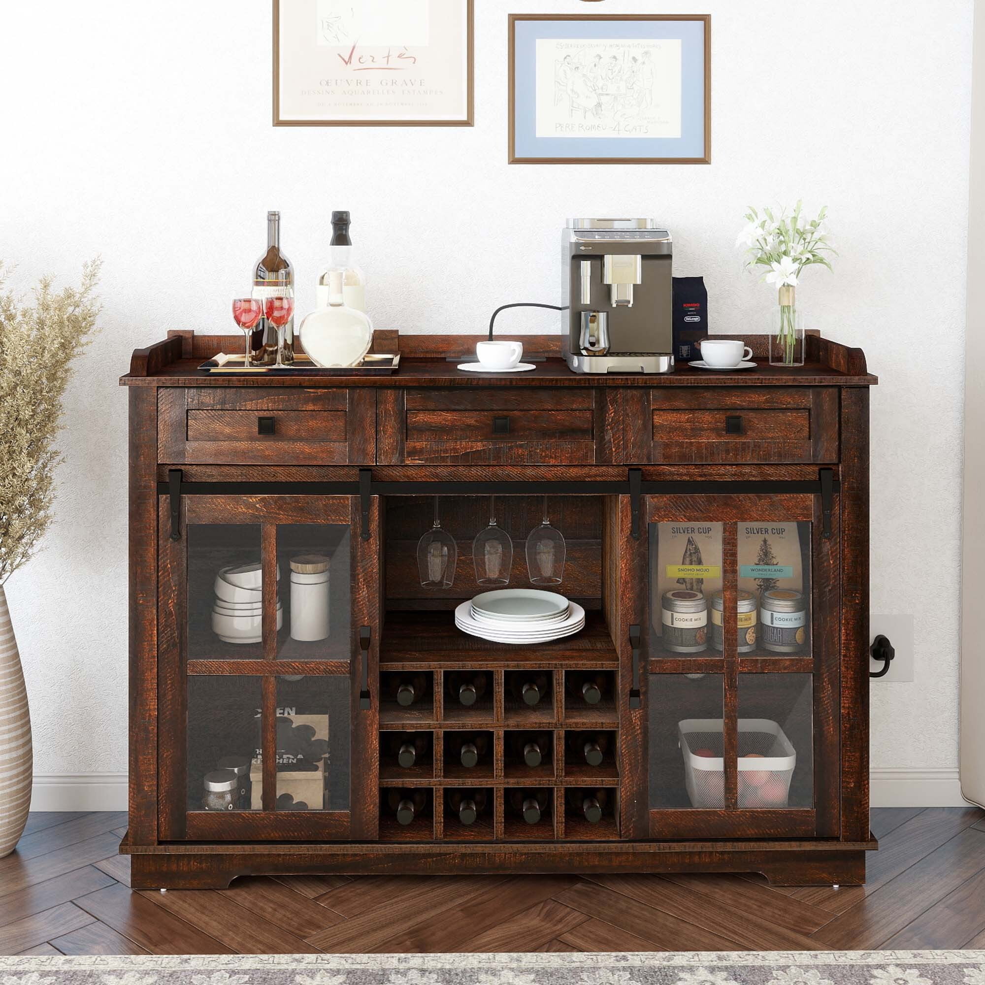 Dextrus 53" Home Bar Cabinet with Wine Rack and Charging Station, Wine ...