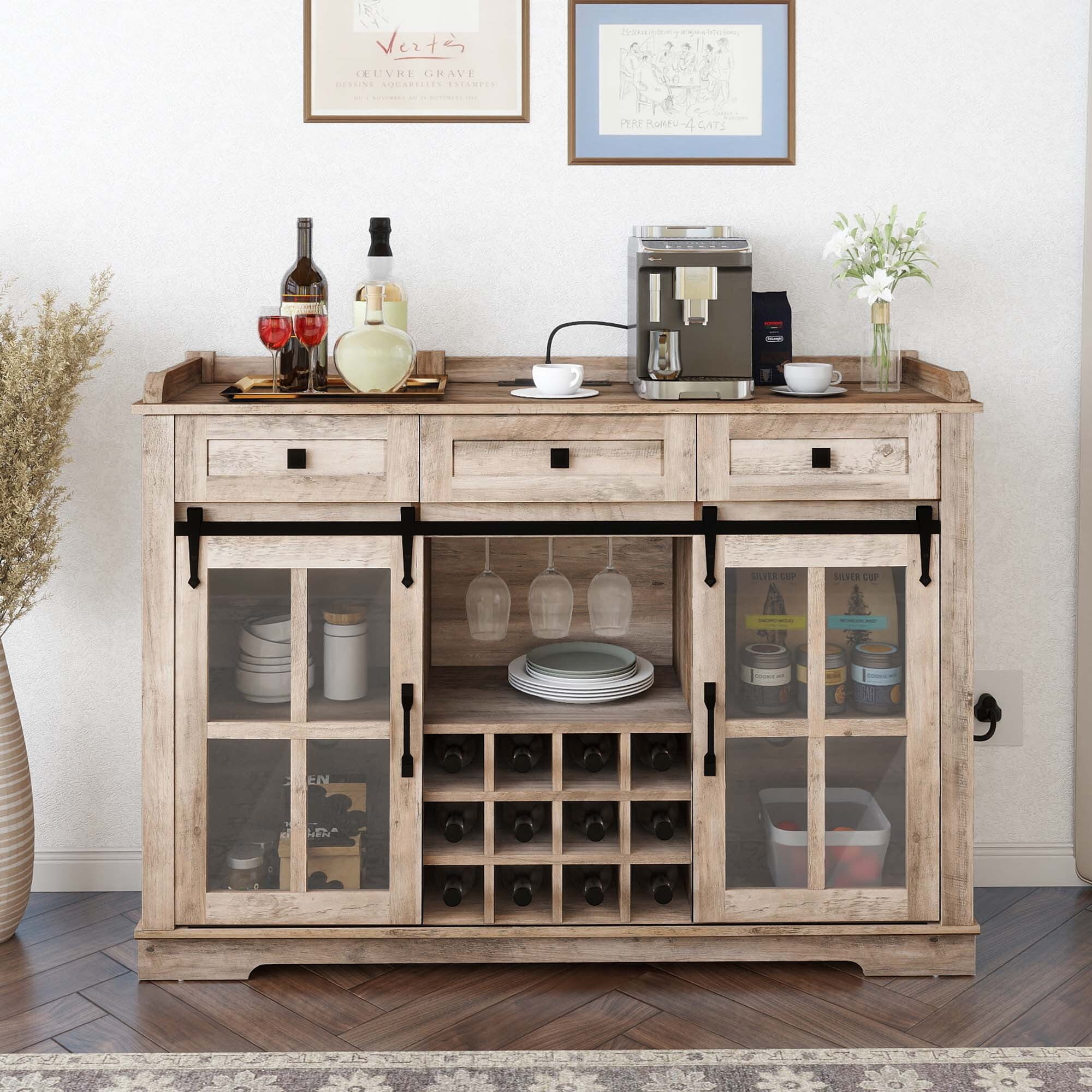 Dextrus 53" Home Bar Cabinet with Wine Rack and Charging Station, Wine ...