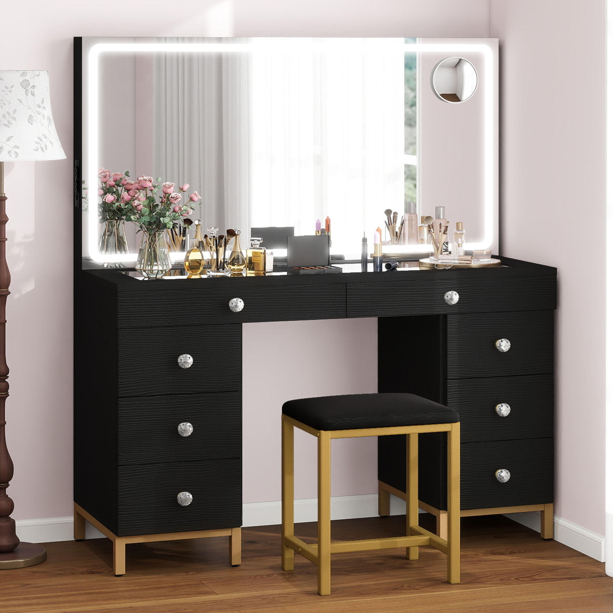 Dextrus 55" Adult Vanity Desk – LED Mirror, Power Outlet, 8 Drawers ...