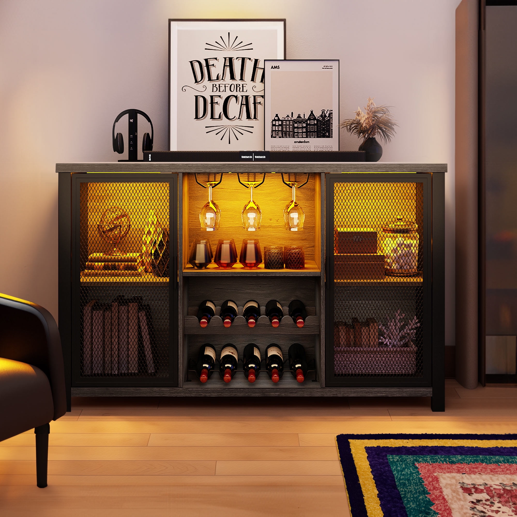 Free Shipping! Dextrus 55" Bar Cabinet With LED Lights, Wine Racks ...