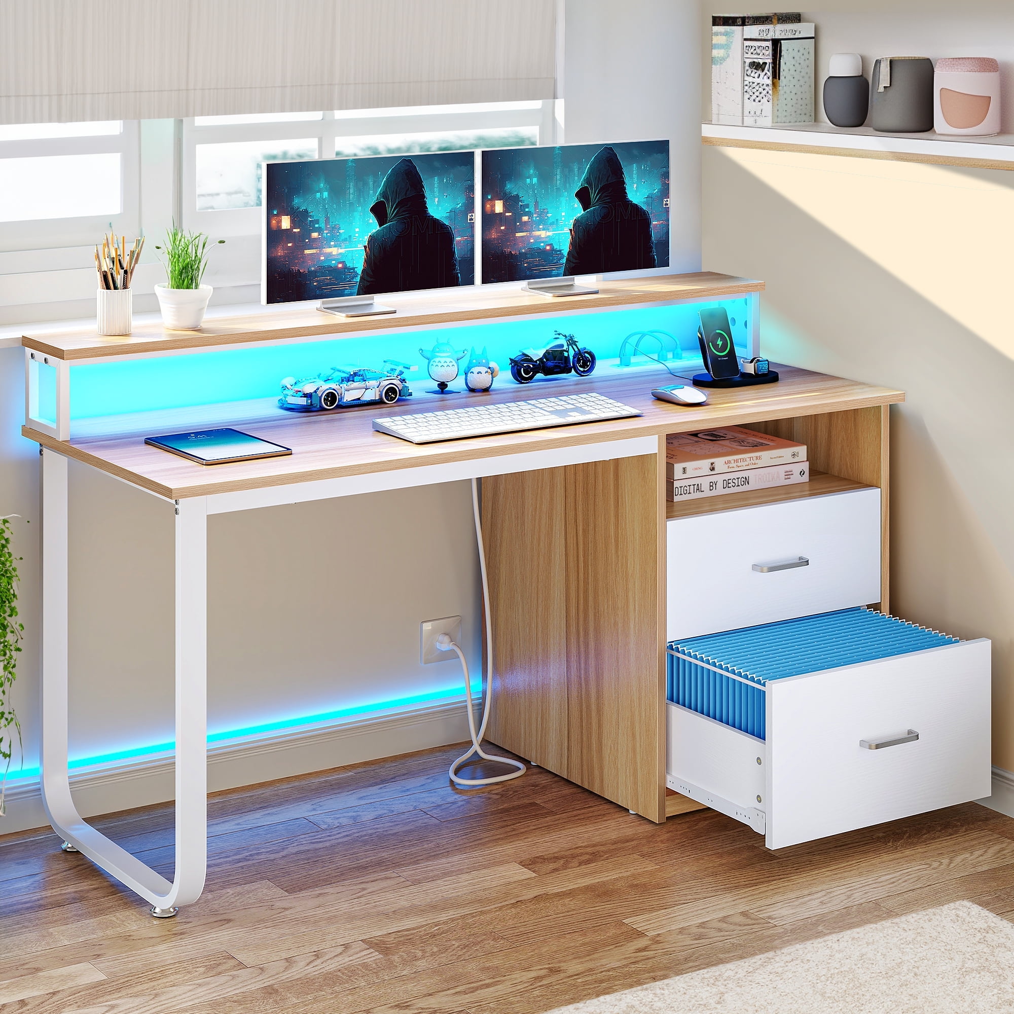 Dextrus 55" Computer Desk with Storage Drawers & LED Light, Office Desk ...