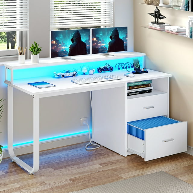 Dextrus 55" Computer Desk with Storage Drawers & LED Light, Office Desk ...