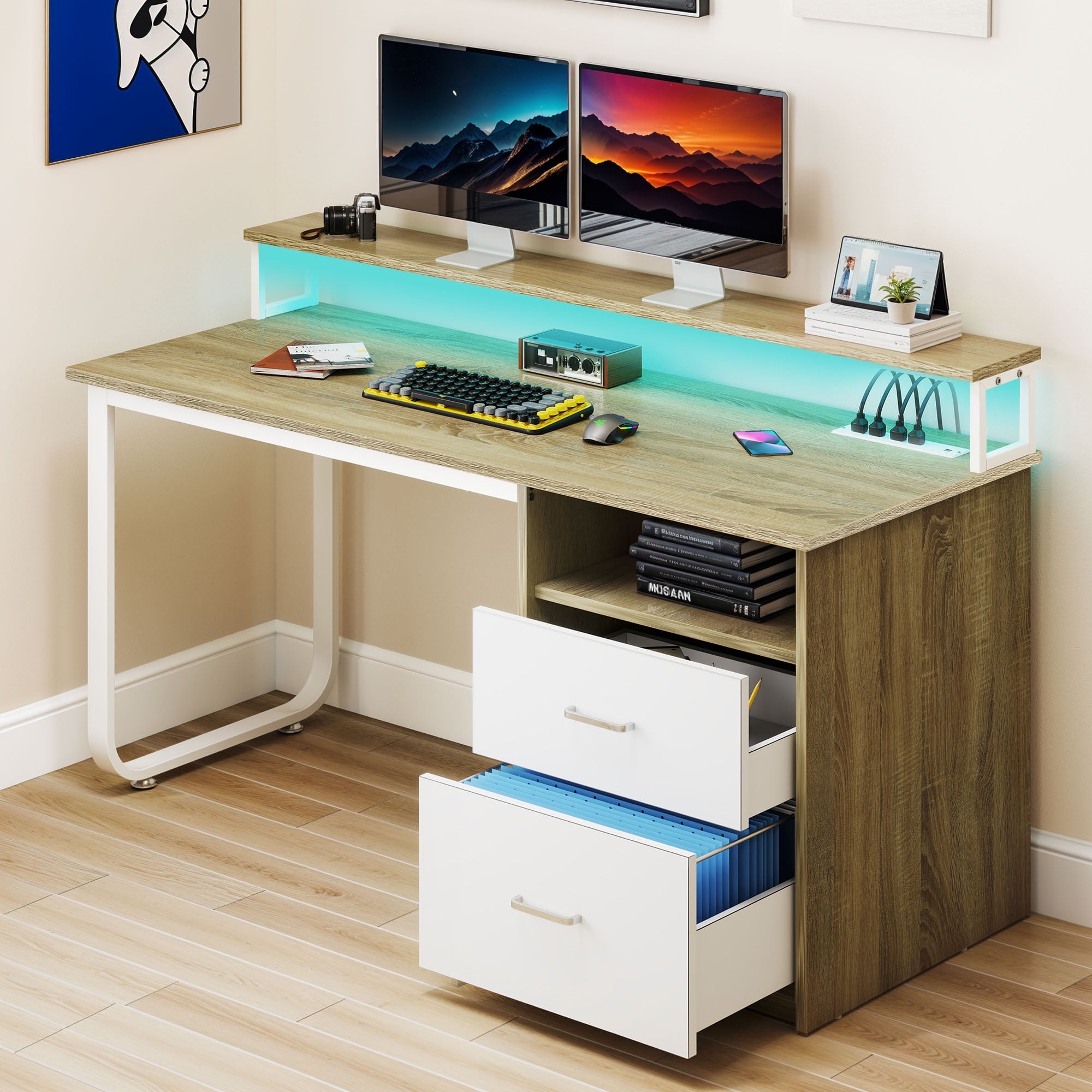 Dextrus 55" Computer Desk with Storage Drawers & LED Light, Office Desk ...