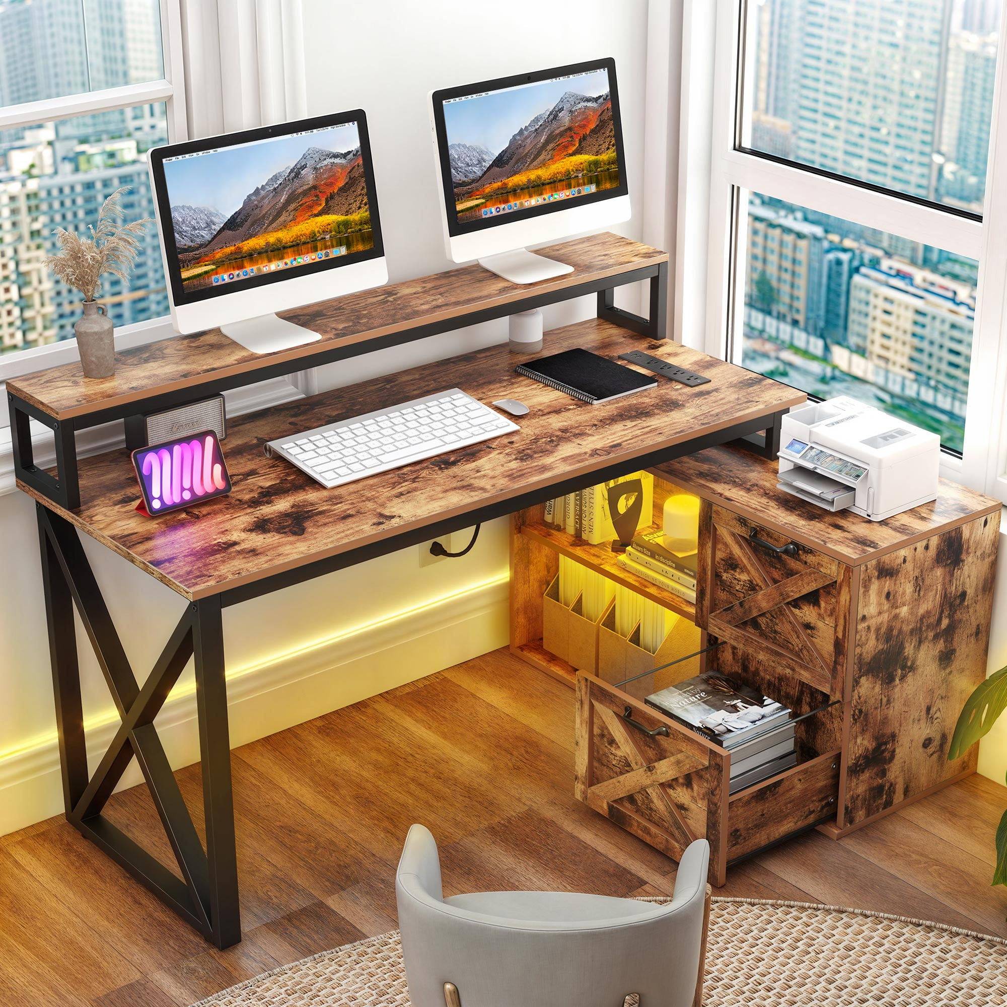 Dextrus 55" L Shaped Desk with Power Outlets and Monitor Stand ...
