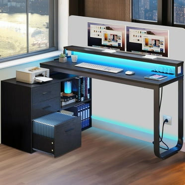 Dextrus L Shaped Desk with Power Outlets & LED Lights, Computer Desk ...