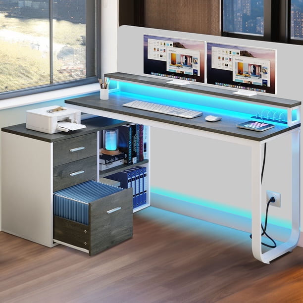 Dextrus 55" L Shaped Desk with Power Outlets and Monitor Stand ...