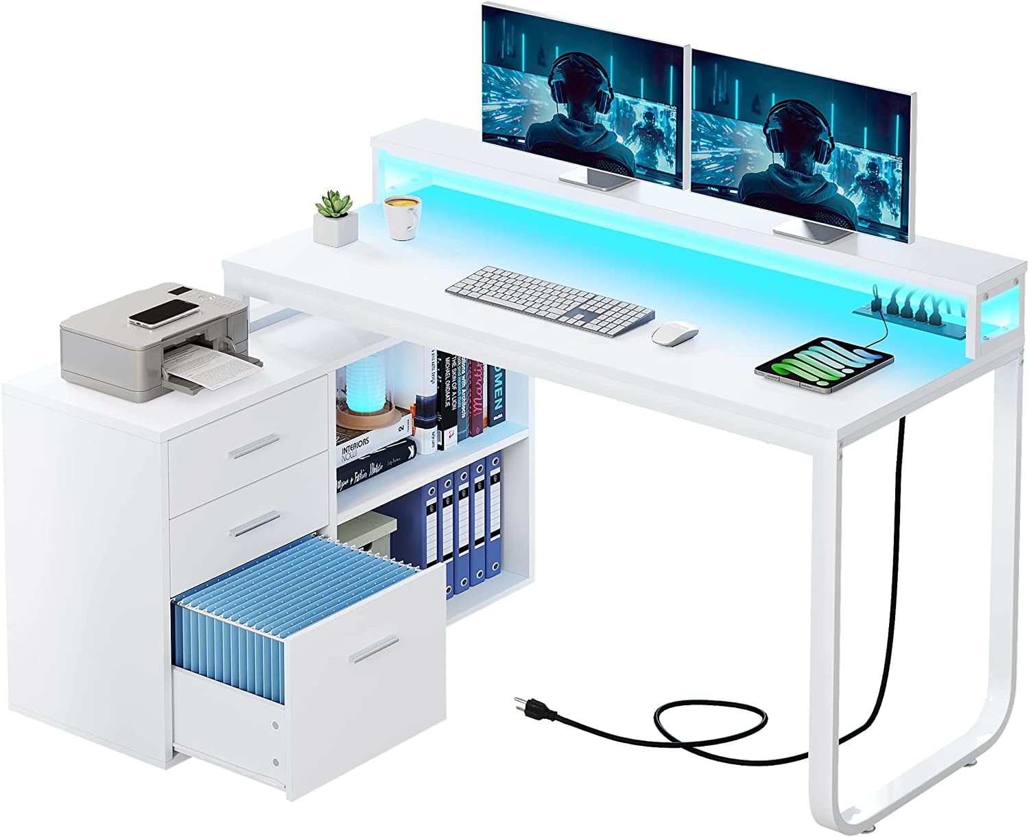 Dextrus 55 inch L Computer Shaped Desk LED Corner Desk with Power ...