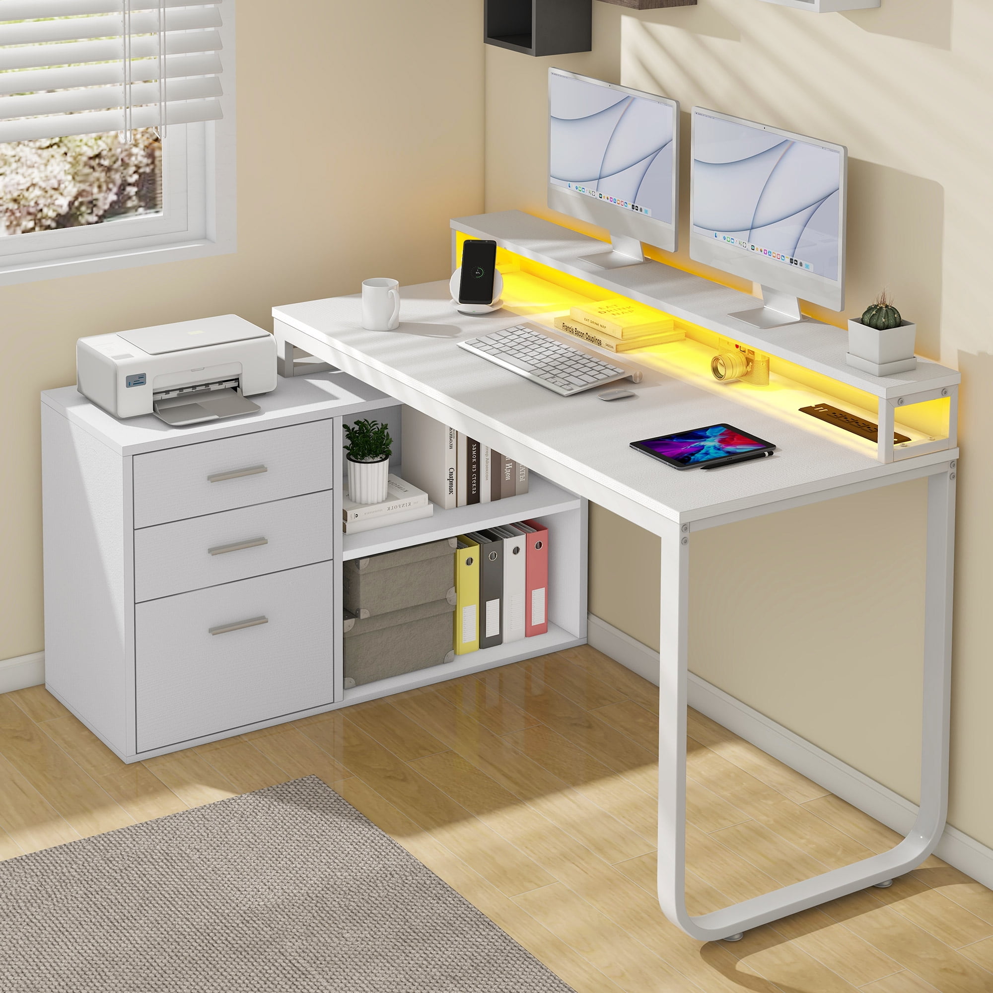 Dextrus 55 inch L Computer Shaped Desk with Power Outlets & LED Corner ...