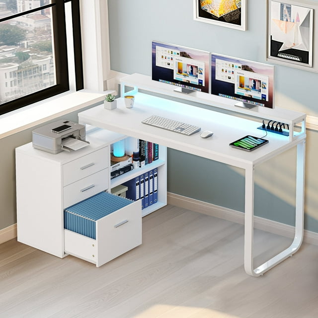 Dextrus 55 inch L Computer Shaped Desk with Power Outlets & LED Corner ...