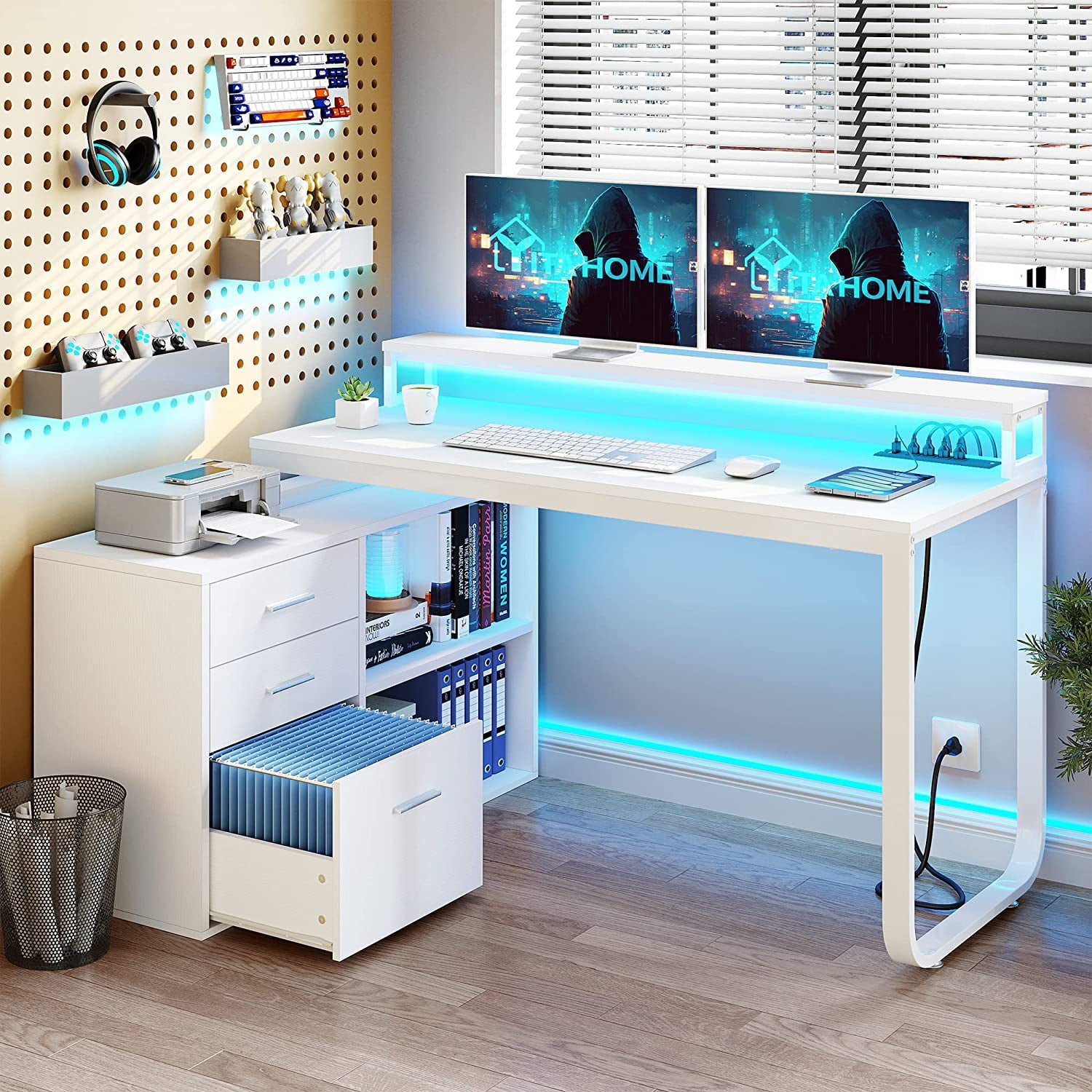Dextrus 55 inch L Computer Shaped Desk with Power Outlets & LED Corner ...