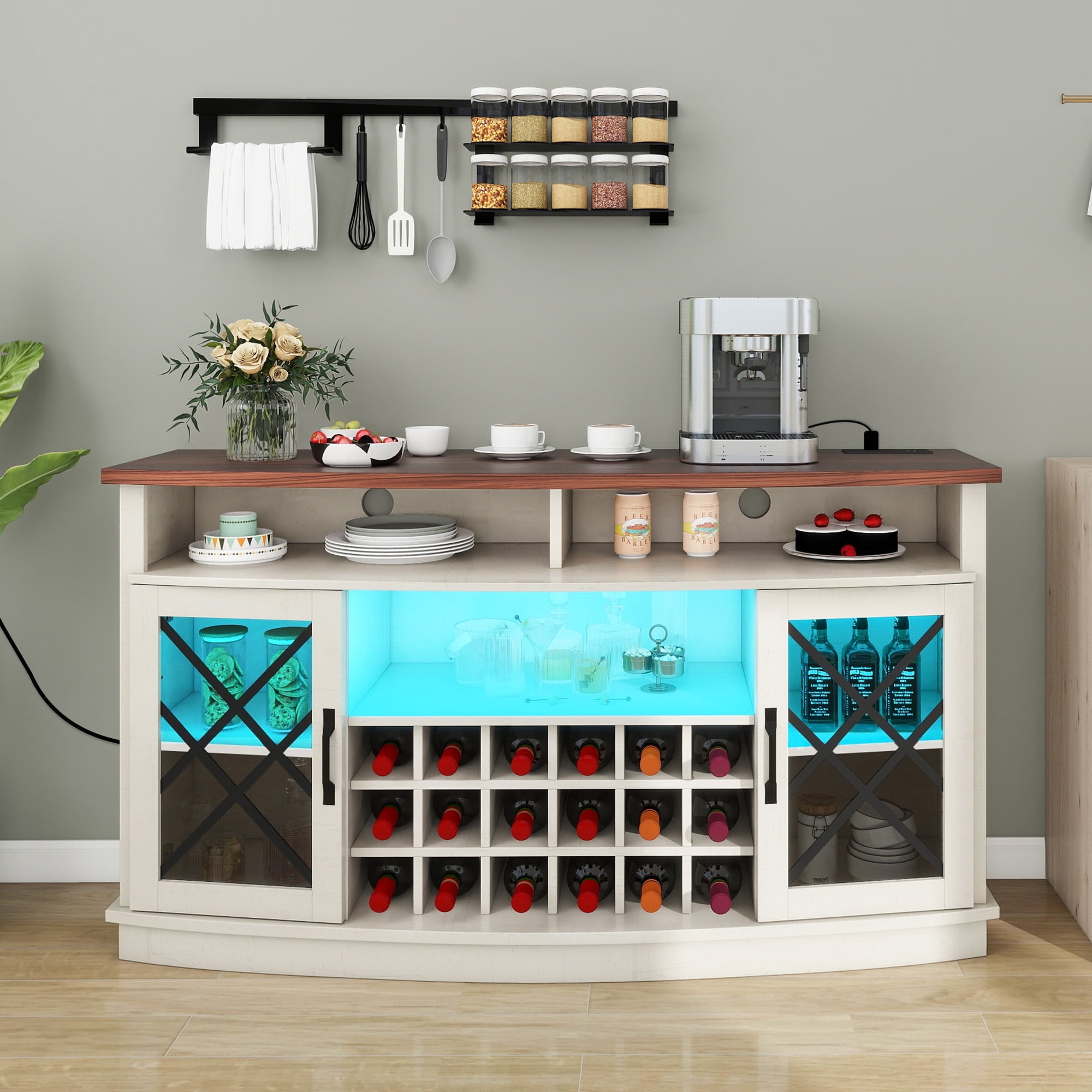 DEXTRUS 58" Buffet Sideboard with Wine Rack, Wine Bar Cabinet with LED ...