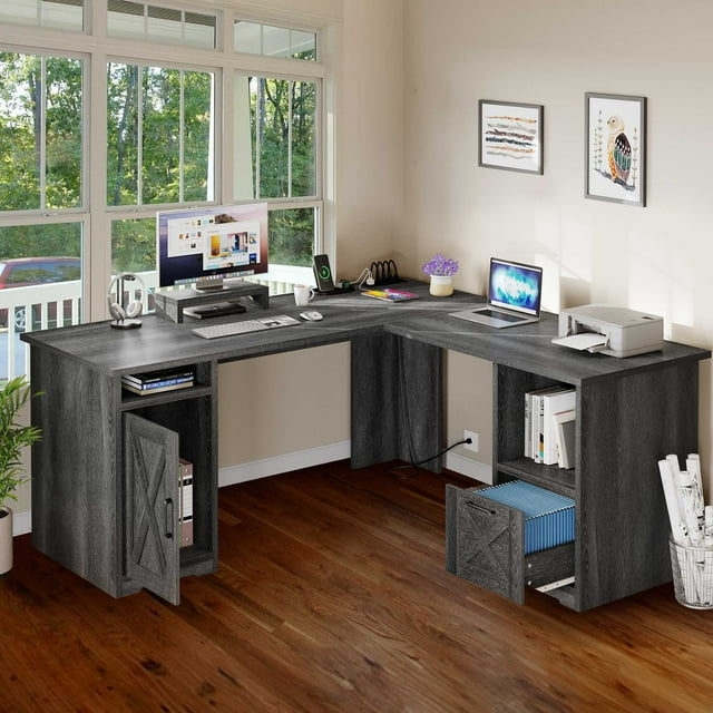 Dextrus 59" L-Shaped Desk with Power Outlet, USB Ports, File Cabinets ...
