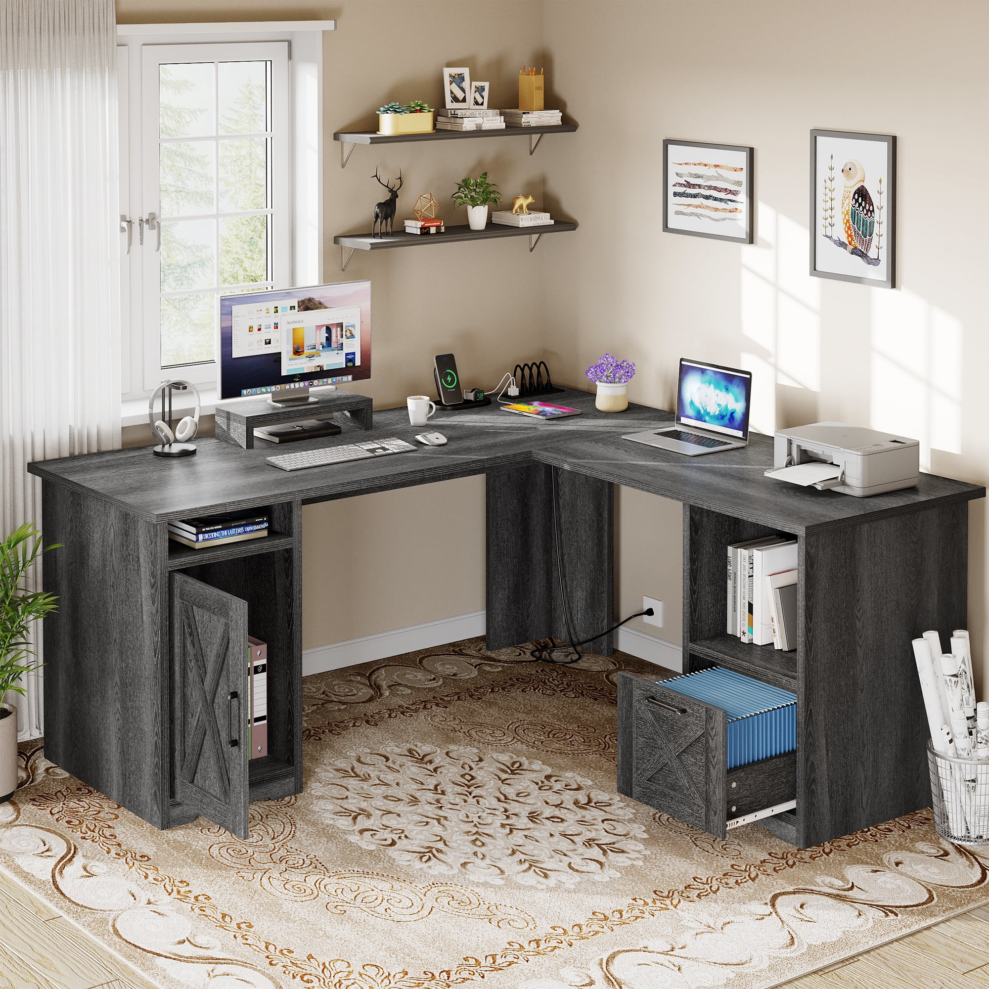 Dextrus 59 Inch L-Shaped Desk with Power Outlet & USB Ports, Office ...