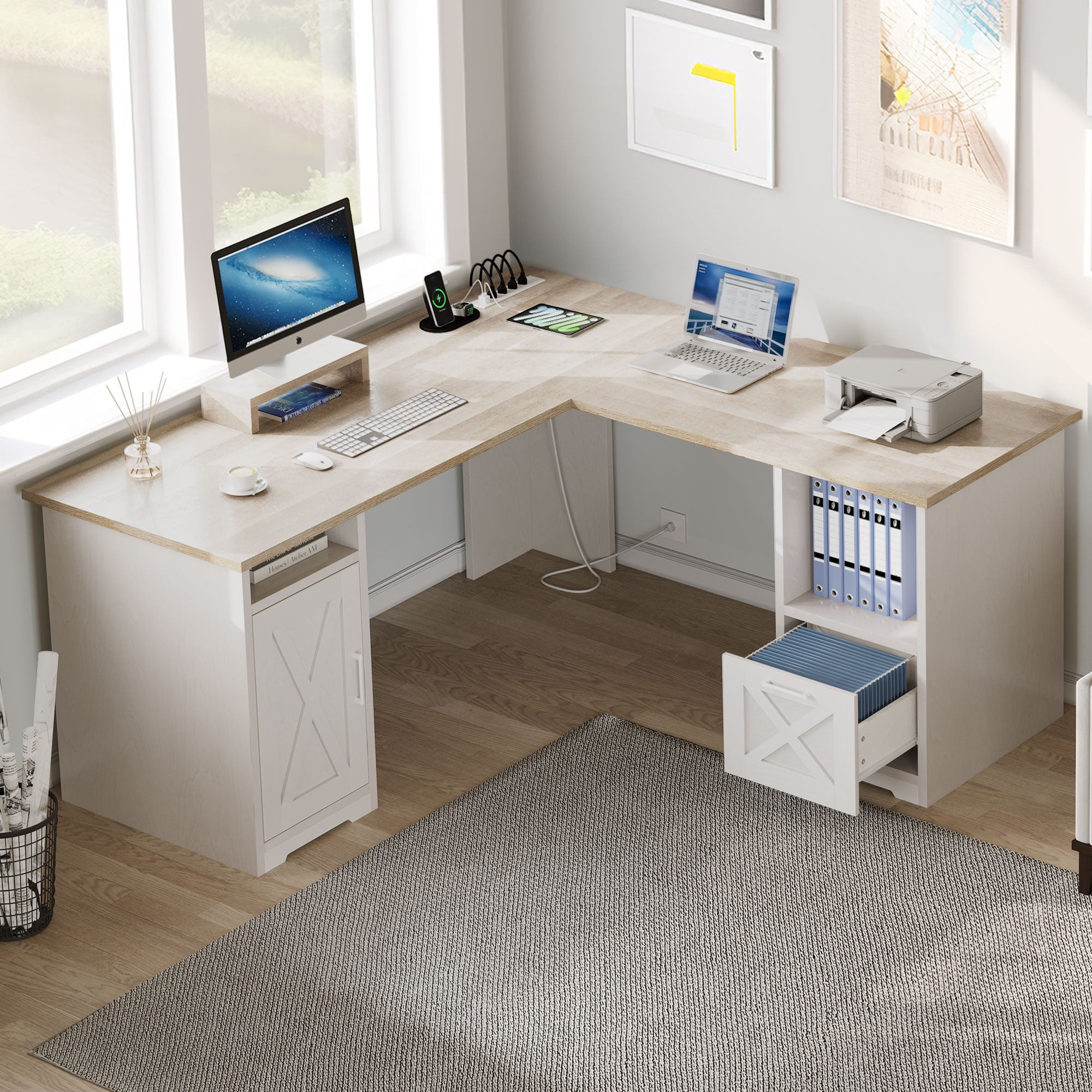 Dextrus L-Shaped Desk, Oak & White, with Power Outlets, USB Ports, File ...