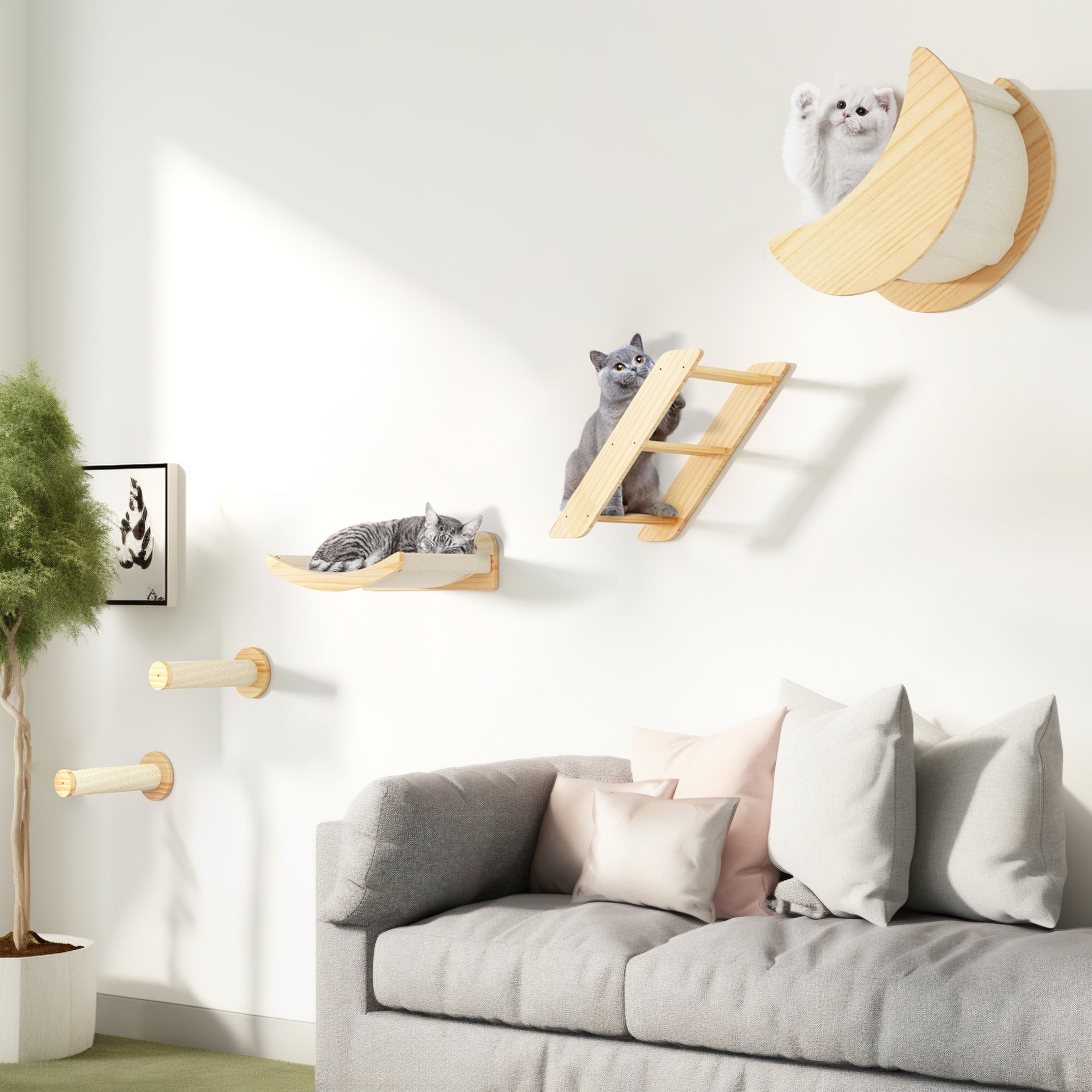 Dextrus 5pcs Wall Mounted Wood Cat Climber Set Cat Tree Set Cat