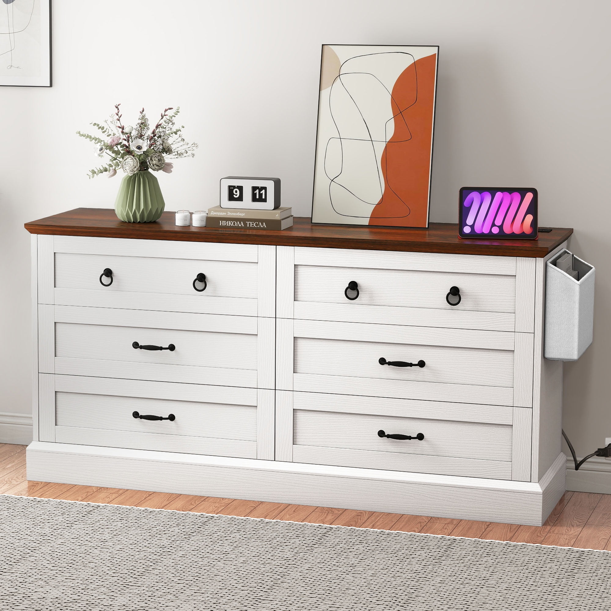 Dextrus 6-Drawer Dresser with Power Outlets, Horizontal Double Dresser ...