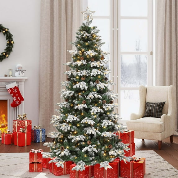 Dextrus 6 Ft Pre-lit Tiered Flocked Christmas Tree with 900 Branch Tips ...