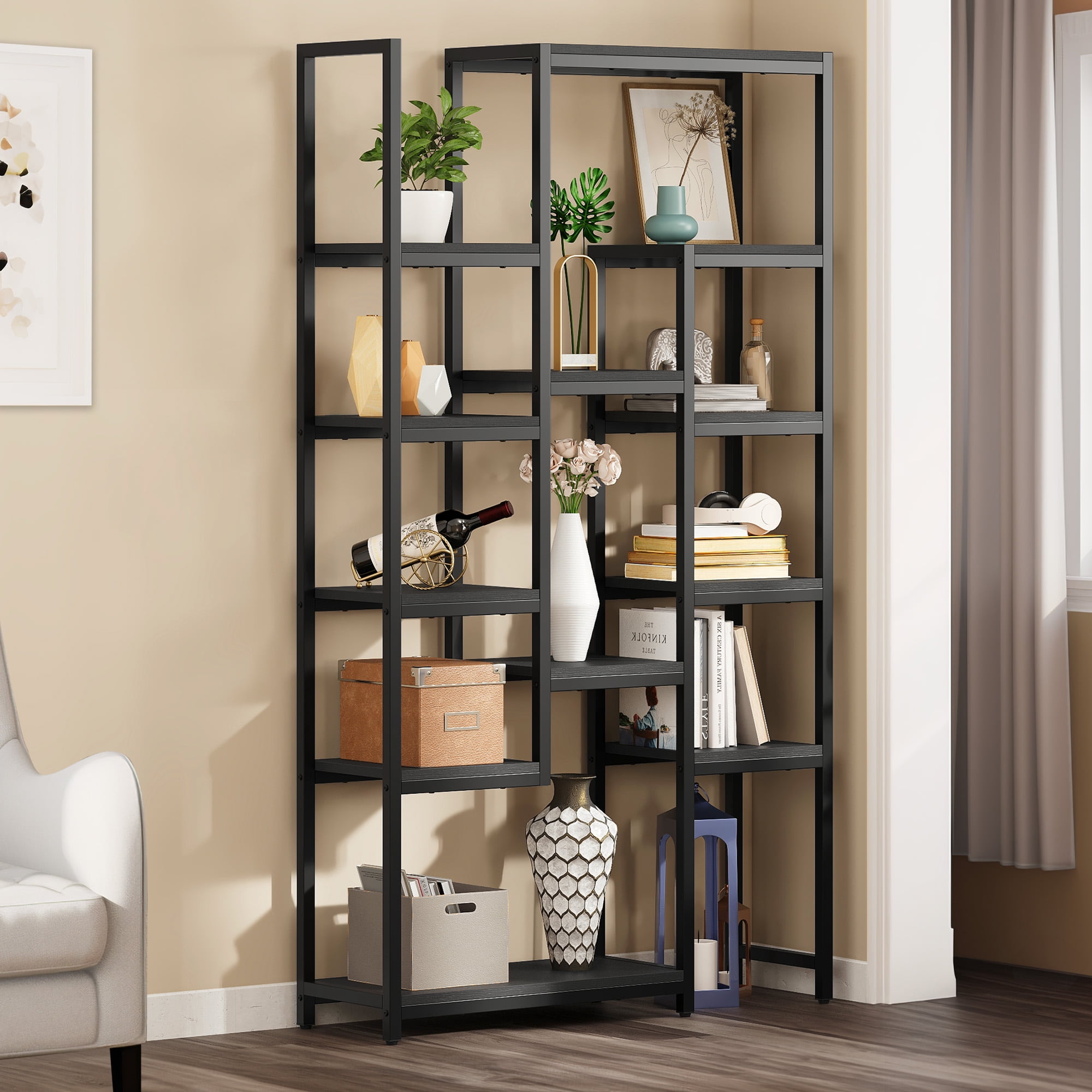 Dextrus 6-Tier Bookshelf, Tall Black Metal & Wood Bookcase with 12 ...