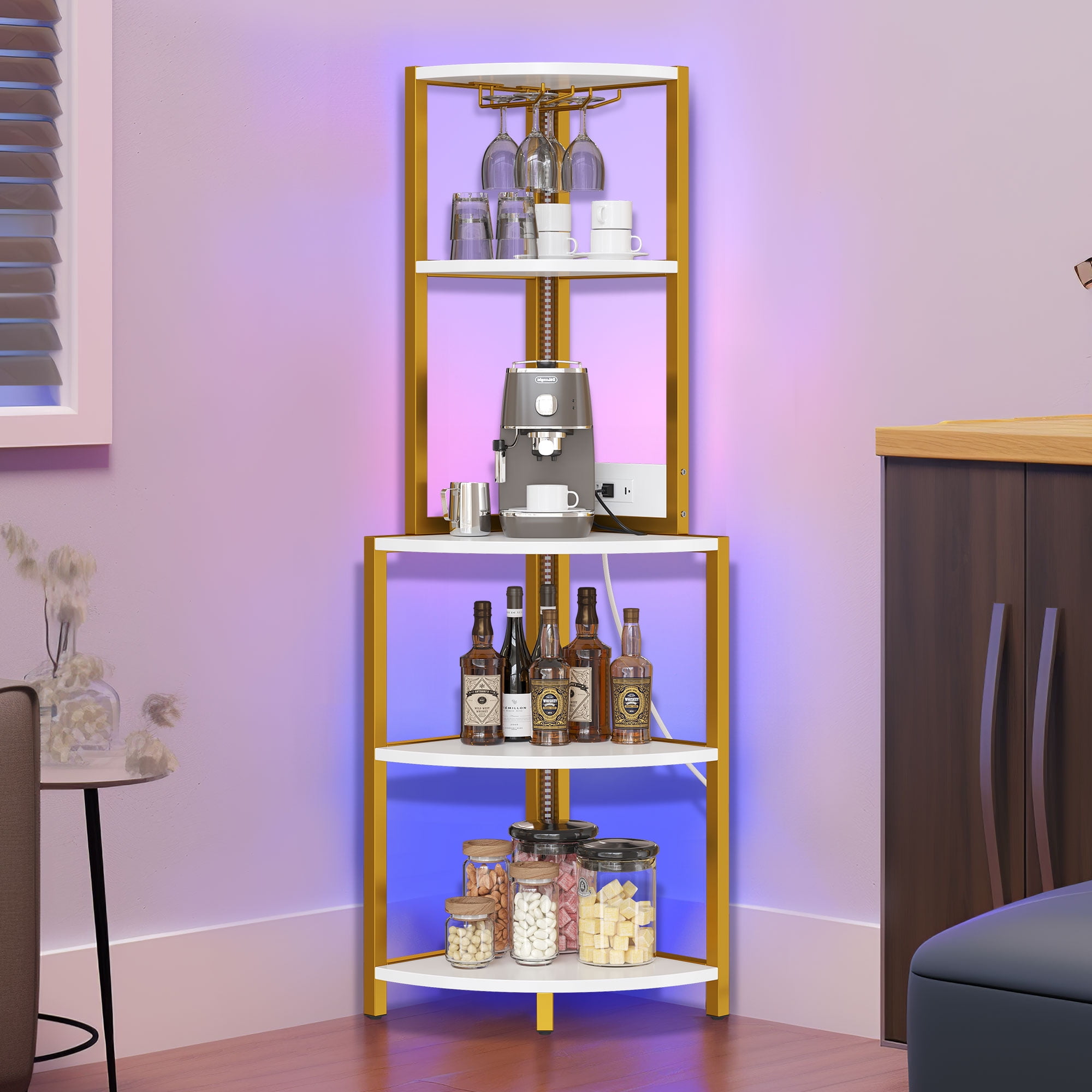 Dextrus 62.3" Corner Shelf with LED Lights & Power Outlets, 5-Tier Bar ...