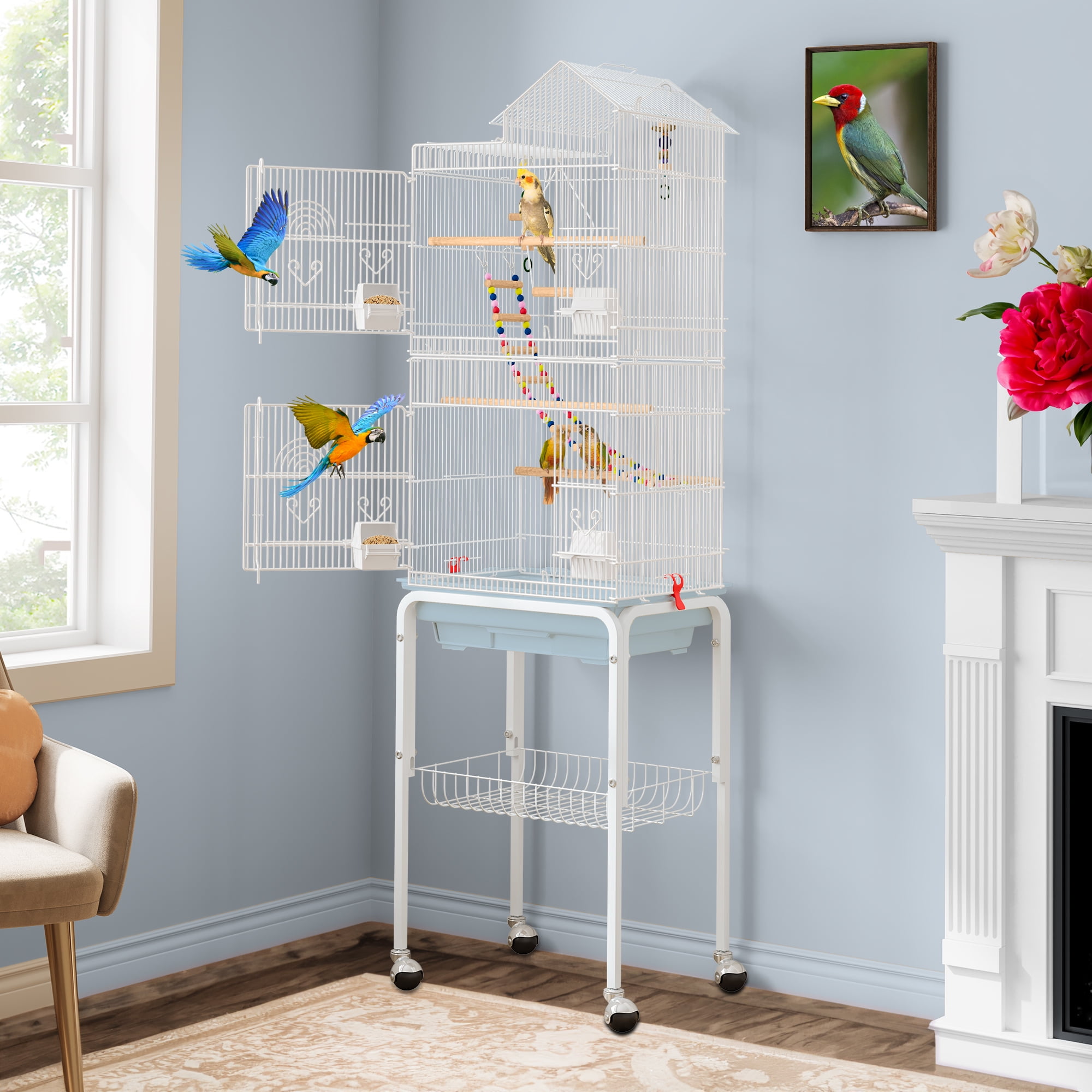 Dextrus 62-inch Large Metal Flight Bird Cage with Roof Top, Rolling ...