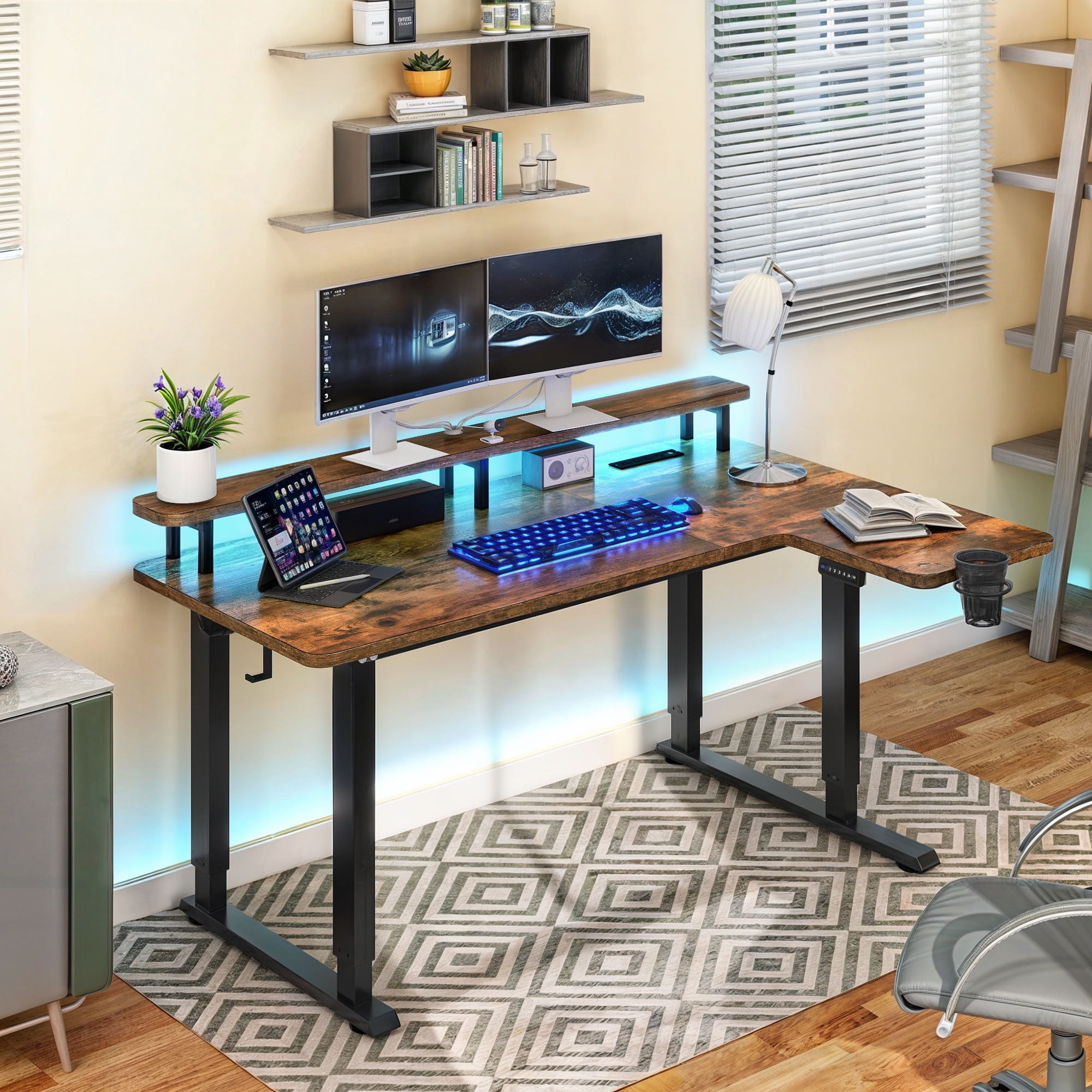 Dextrus 63" W Home Office Electric Height Adjustable Standing Desk, L ...