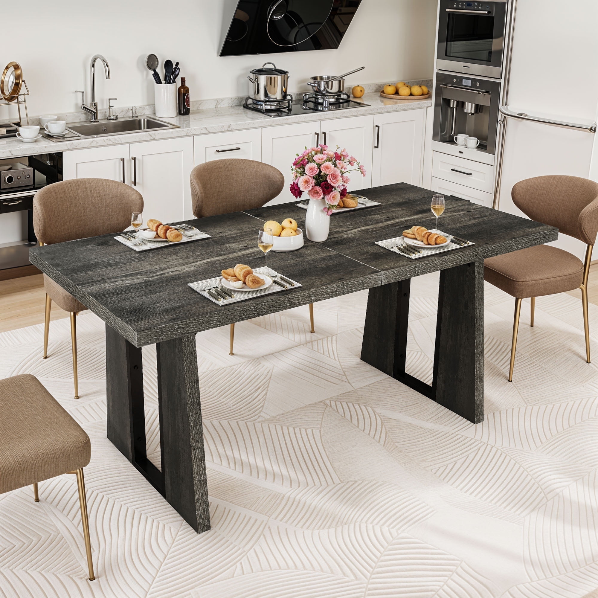 Dextrus 63" Wood Dining Table for 4-6 Person, Farmhouse Rectangle Dining Table withHeavy Duty ...