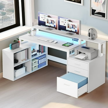 Computer Desk with Power Outlets & LED Light, 39 inch Home Office Desk ...