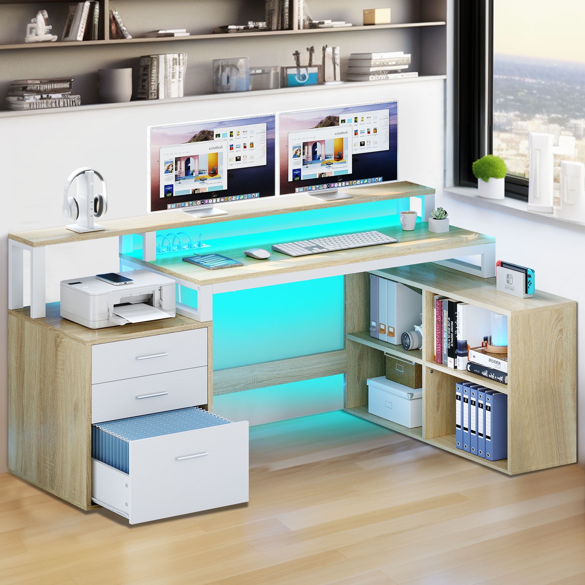 Dextrus 65" L Shaped Desk with Power Outlets and Monitor Stand ...