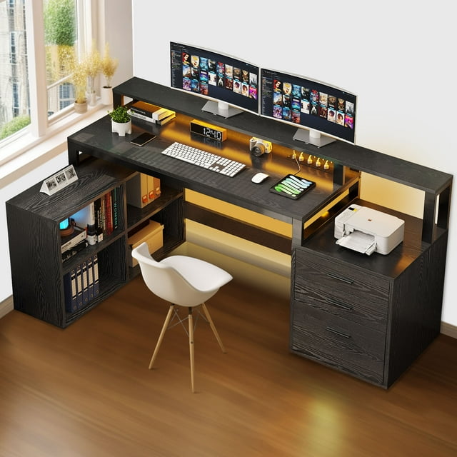 "Dextrus 65"" L-Shaped Desk with Power Outlets, Monitor Stand, LED ...
