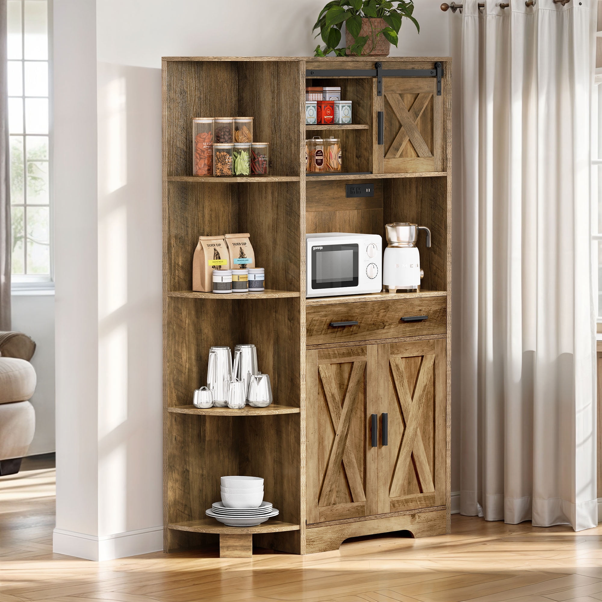 Dextrus 67" Farmhouse Pantry Storage Cabinet with Power Outlet ,Large ...