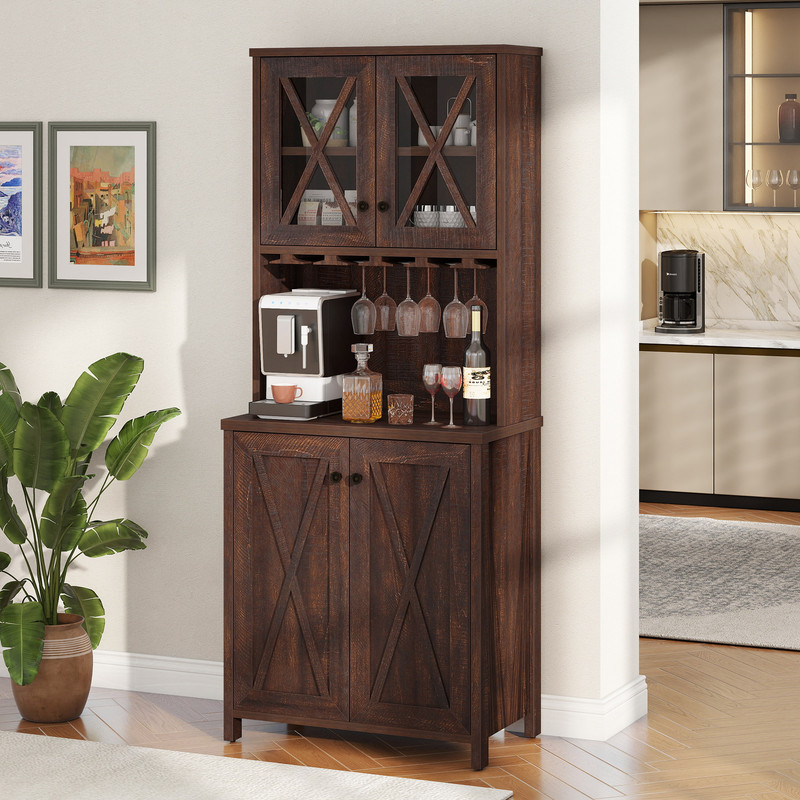 Dextrus 67"H Farmhouse Bar Cabinet for Liquor and Glasses, Wood ...