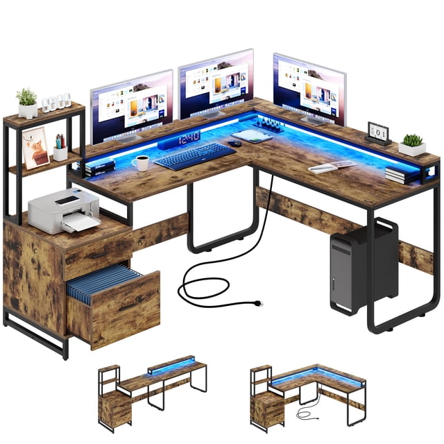 Dextrus 67 Inch L Shaped Desk with LED Light and Power Outlets ...