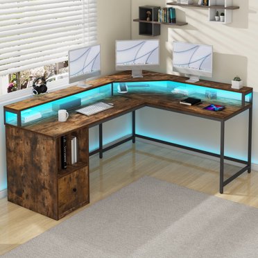 Dextrus L Shaped Desk with Power Outlets & LED Lights, Reversible ...