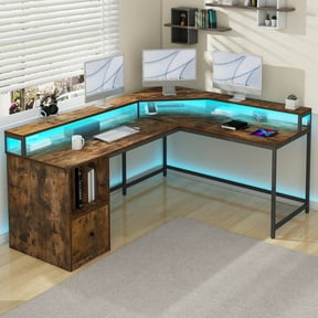 Homieasy L Shaped Desk with Monitor Stand, Power Outlet, LED Light, USB ...