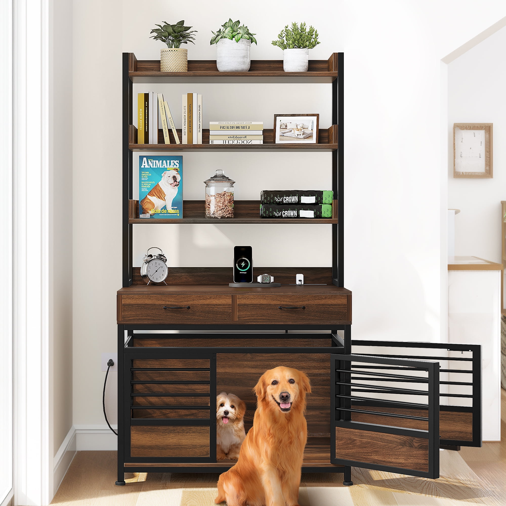 Dextrus 67" Wooden Dog Crate Furniture with 2 Drawers & Charging ...