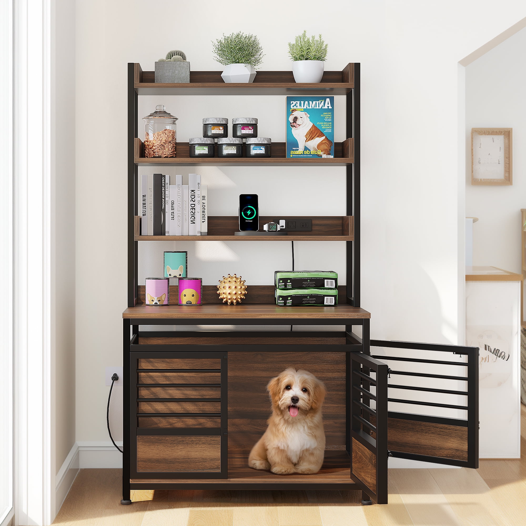 Dextrus 67" Wooden Dog Crate Furniture with Charging Station for Large ...