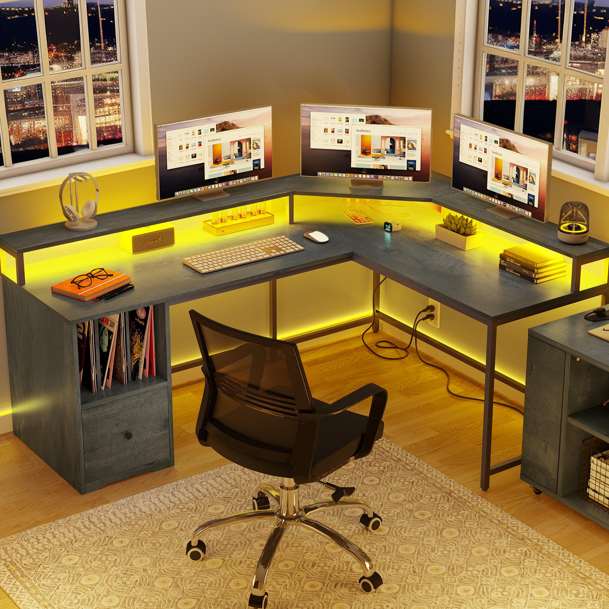 Dextrus 67 inch L Shaped Desk with LED Light and Power Outlets ...
