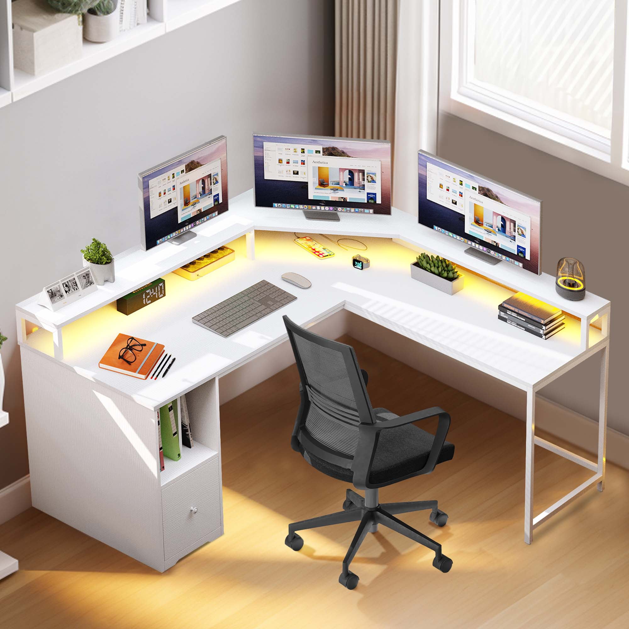 Dextrus 67 inch L Shaped Desk with LED Light and Power Outlets ...