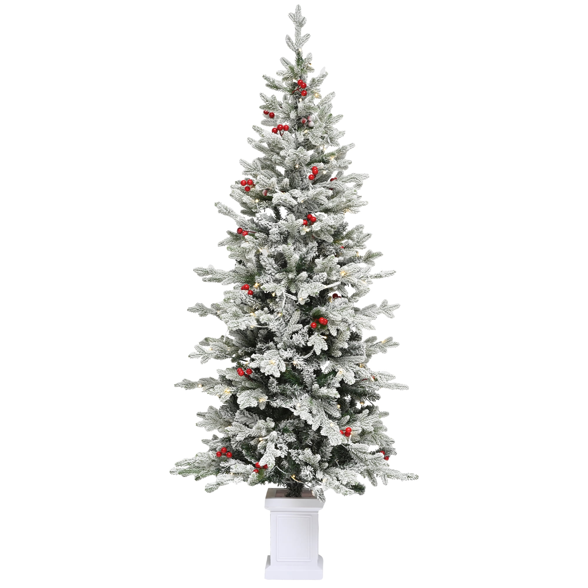 Dextrus 6FT Pre-Lit Flocked Arctic Fir Pencil Tree with 15 Red Berries ...