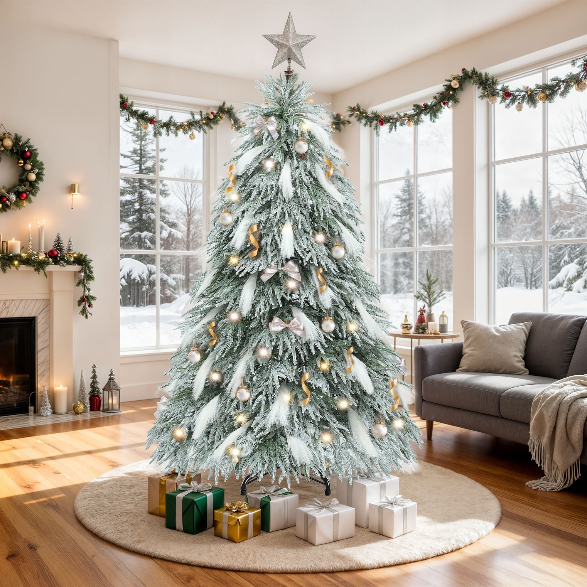 Dextrus 6ft Pre-Lit Flocked Natural Drooping Pampas Christmas Tree with ...