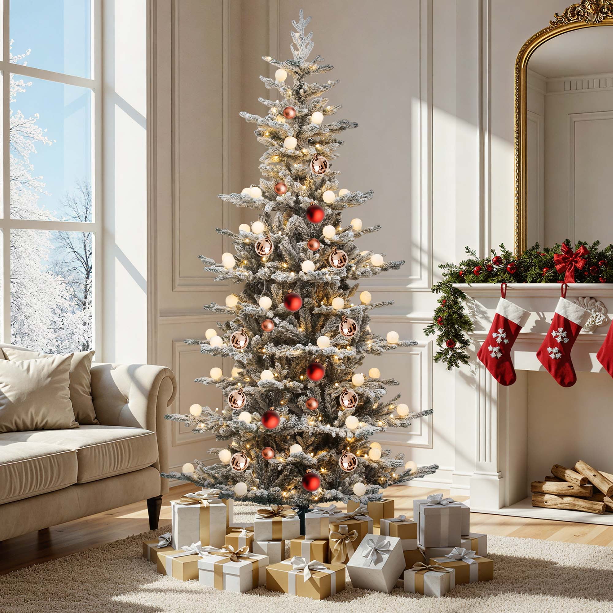 Dextrus 7.5 ft Pre-lit Flocked Layered Christmas Tree, Hinged ...