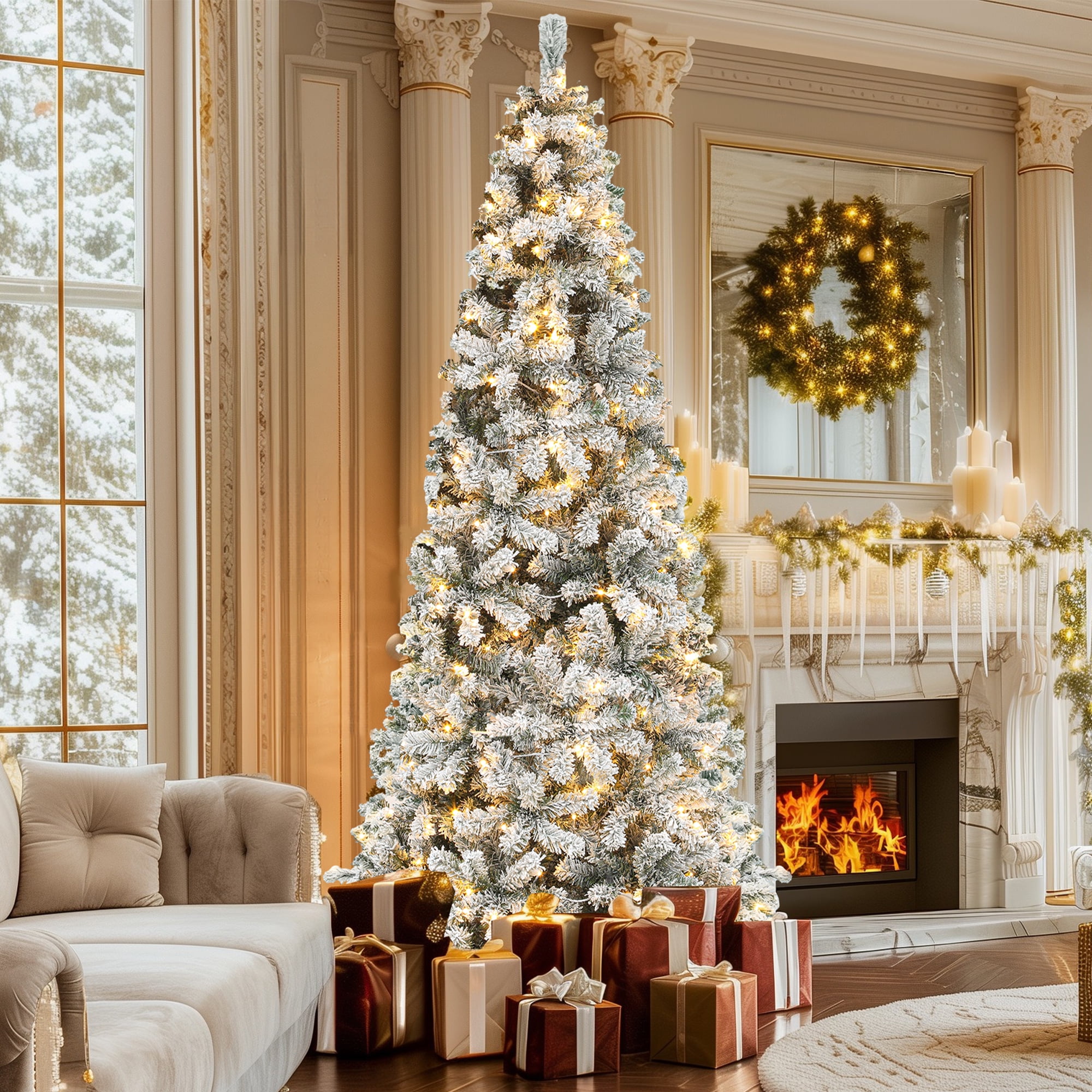 Dextrus 7.5ft Pre-Lit Snow-Flocked Fir Pencil Christmas Tree,Hinged ...