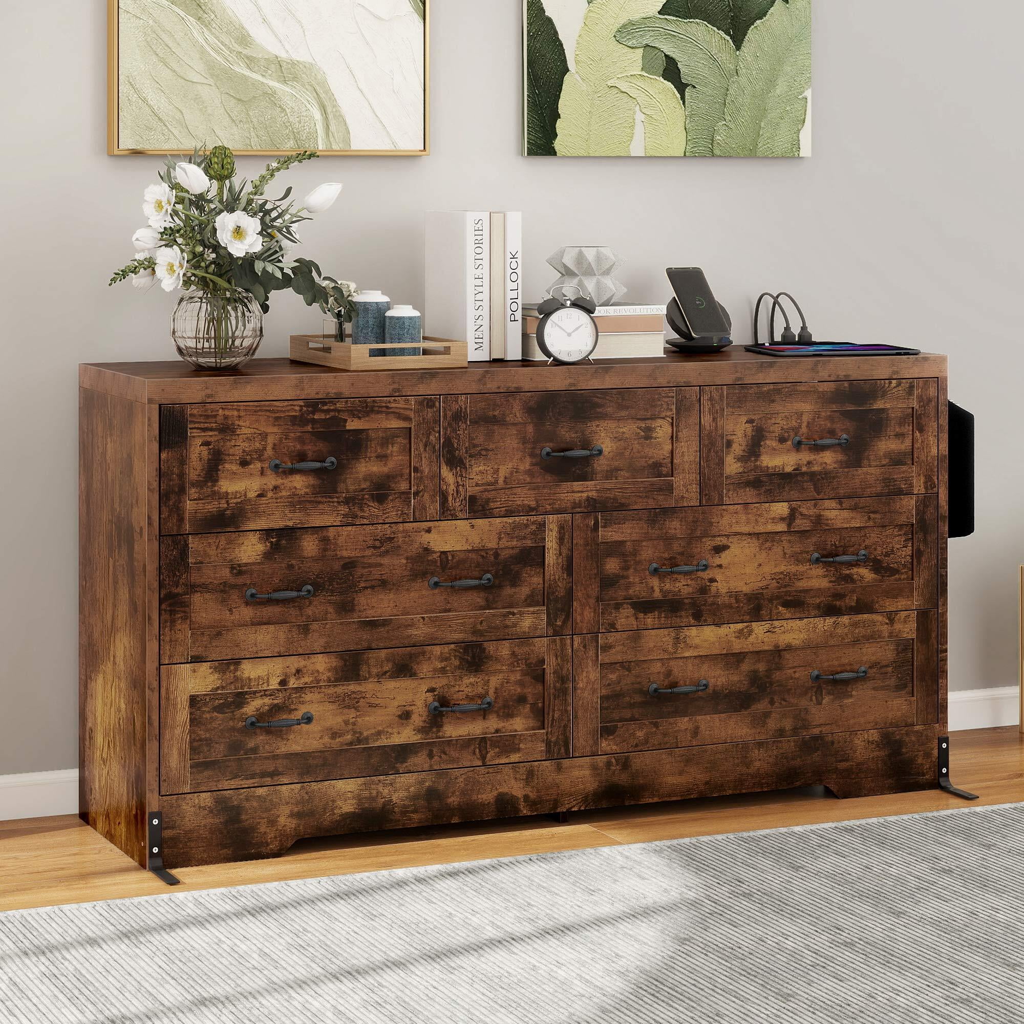 Dextrus 7-Drawer Double Dresser with Power Outlets, Wood Chest of ...