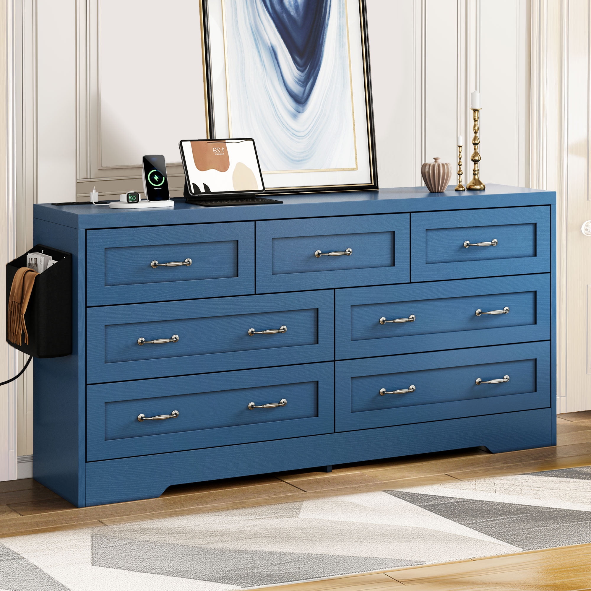 Dextrus 7 Drawer Dresser with Handles & Power Outlets, Wood Storage ...