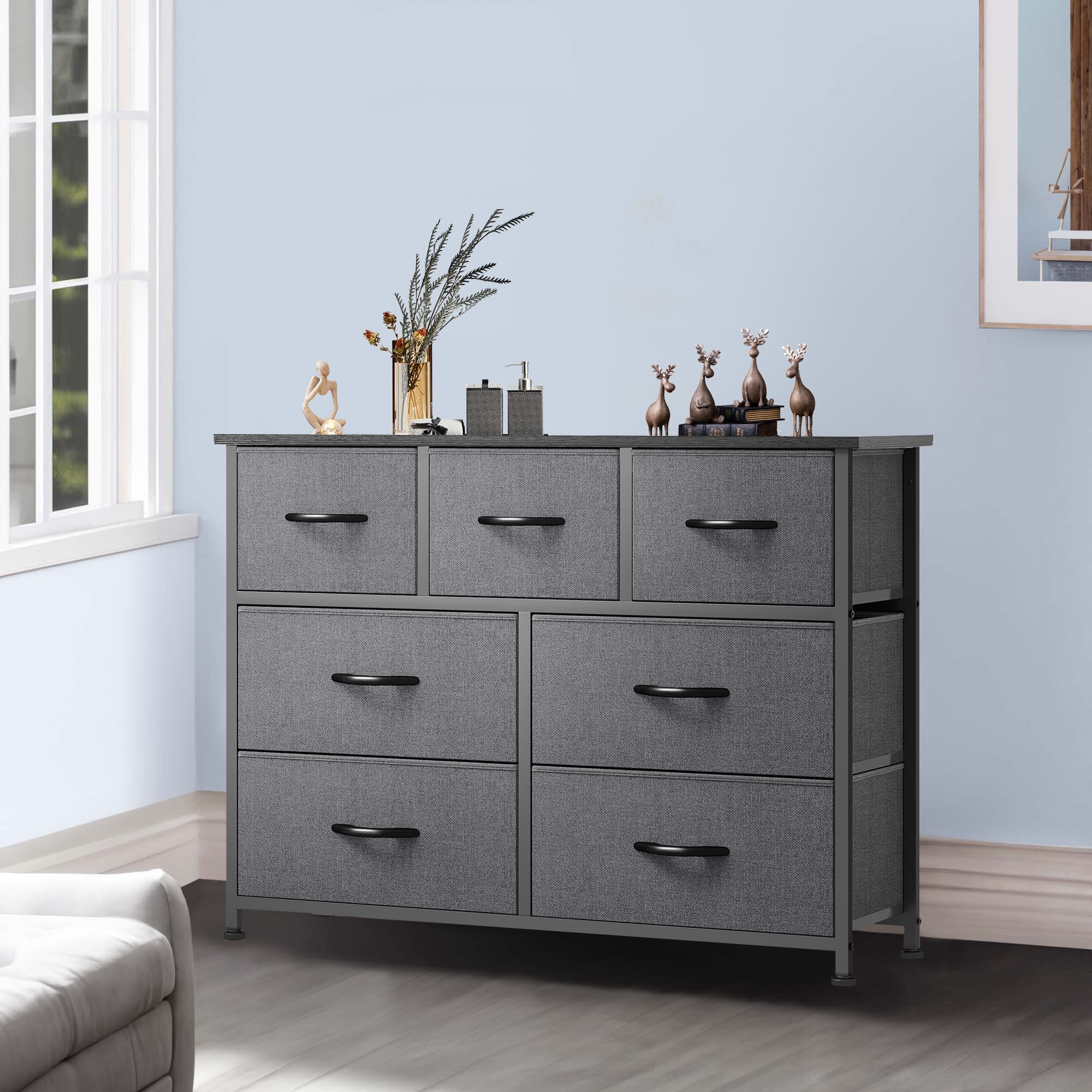 Dextrus 7-Drawer Fabric Dresser, TV Stand for 45 Inch TV, Steel Frame ...