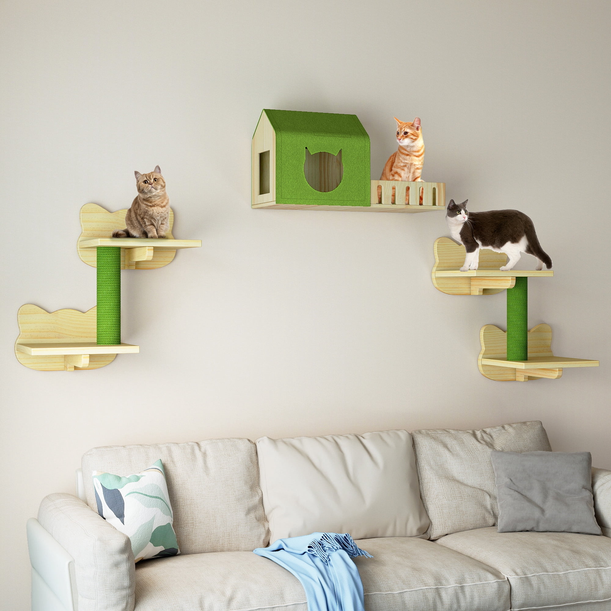 Dextrus 7-Piece Wall-Mounted Cat Furniture Set with Green House, 2 ...